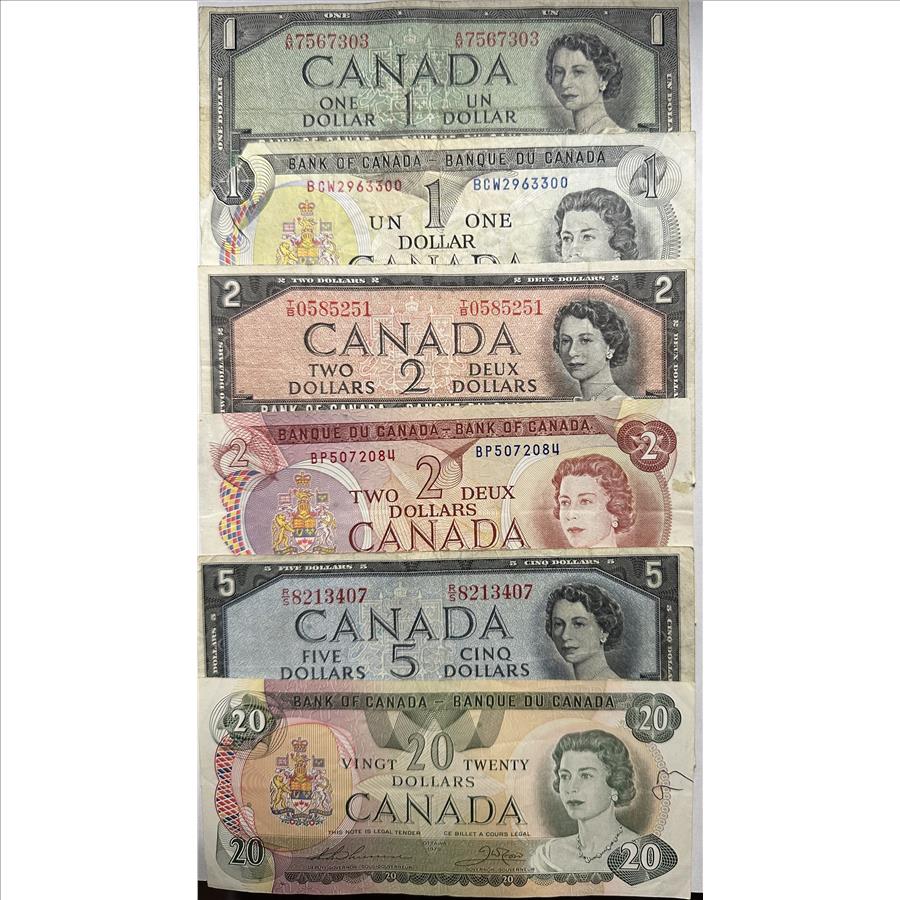 Lot of Canada Banknotes - 1, 2, 5 and 20 Dollar Notes - Colorful, Some ...