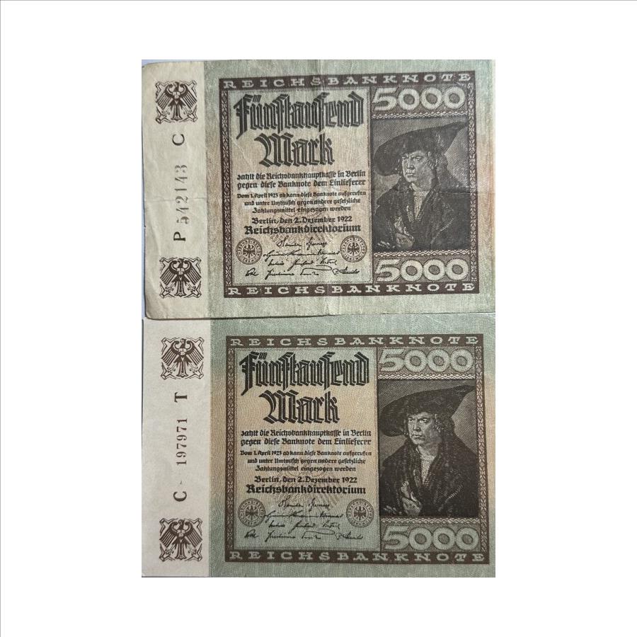 - 1922 German Funflaufend 5000 Mark - Reichsbank Banknote - 2 Banknotes ...
