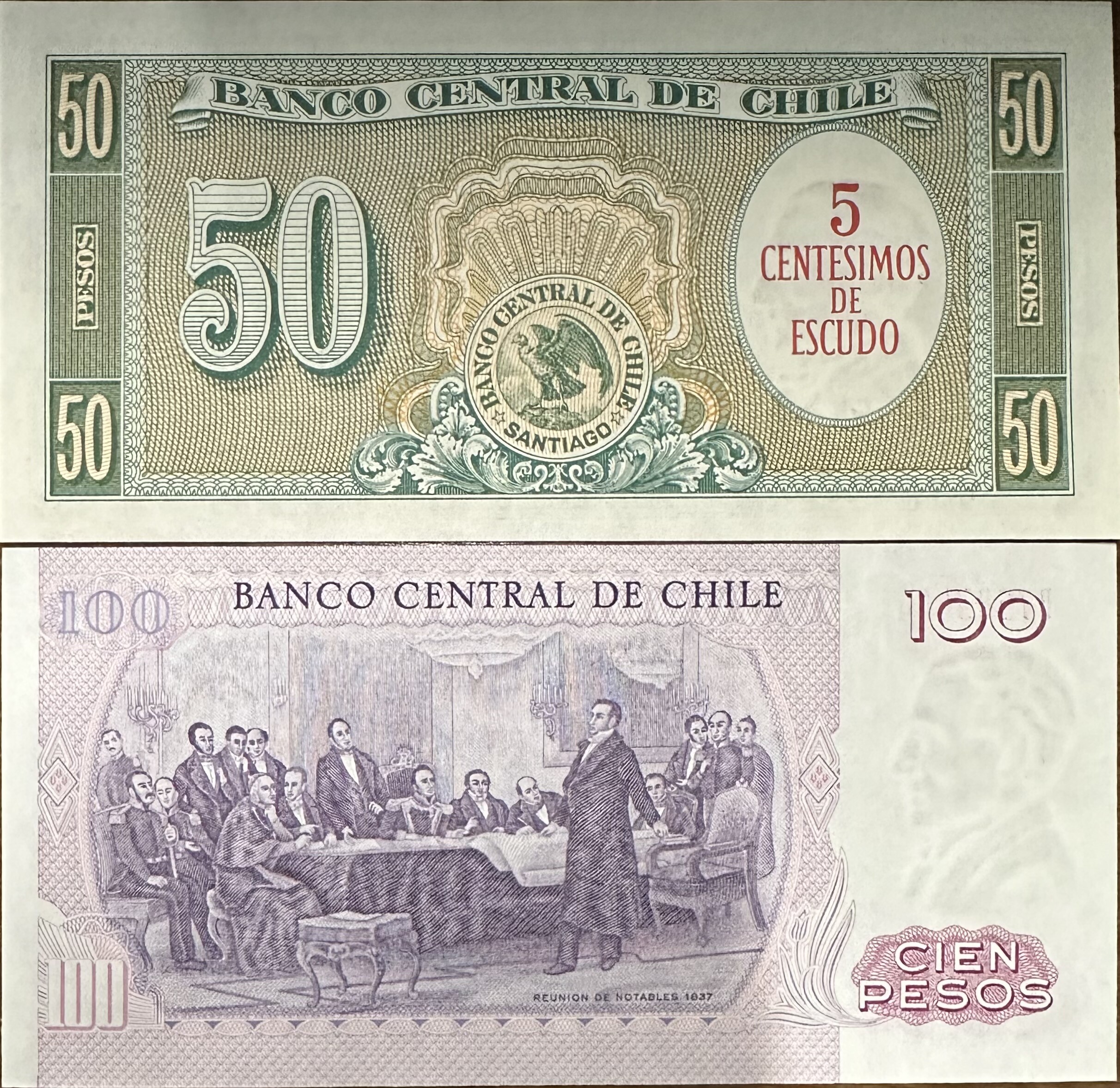 >(2) Chile Crisp Bank Notes - 100 Pesos and 50 Pesos - Colorful World ...