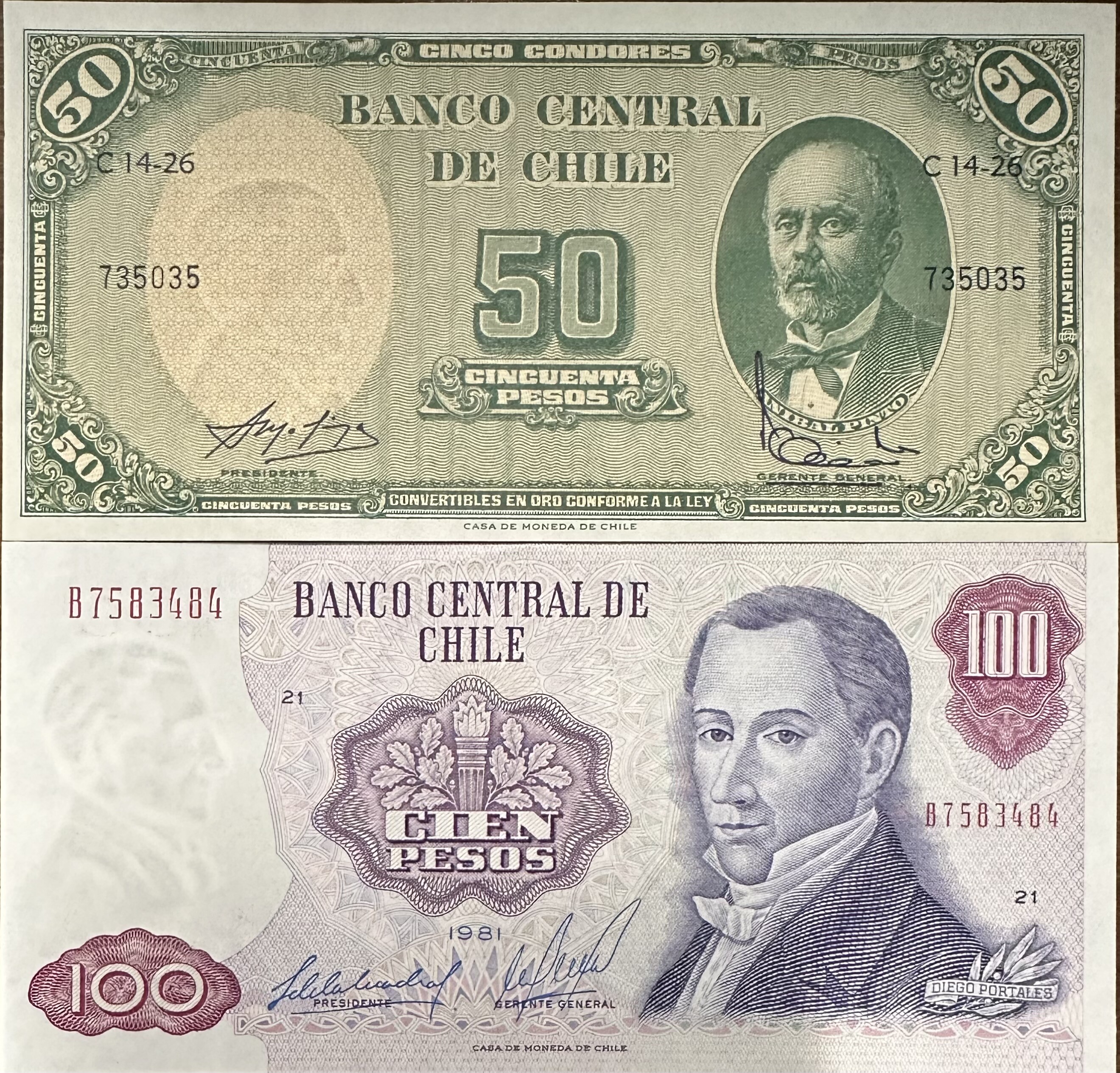 >(2) Chile Crisp Bank Notes - 100 Pesos and 50 Pesos - Colorful World ...