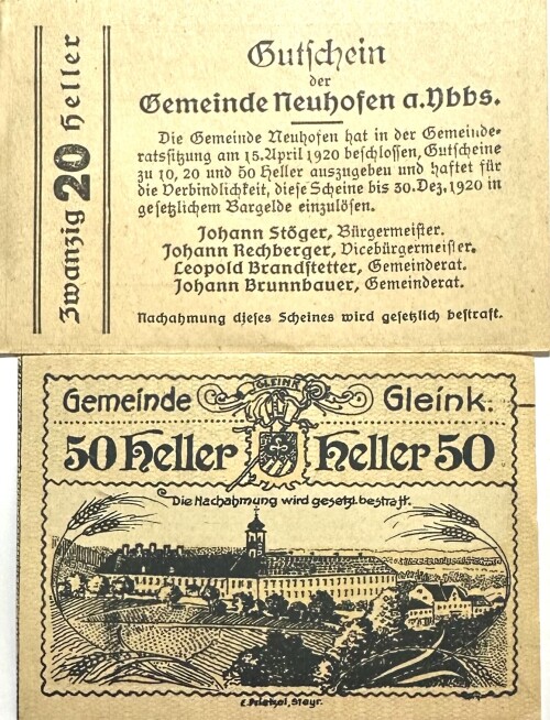 - Pair of 1920 Austria Banknotes - 20 Heller - Municipality of Neuhofen ...