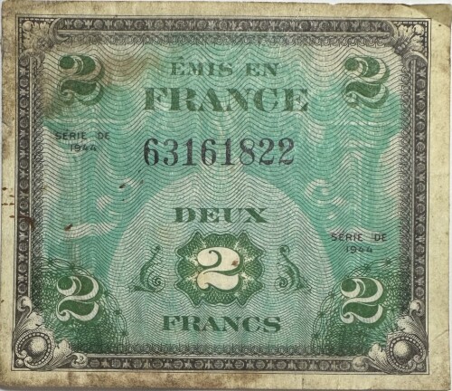 - 1944 France Deux (2) Francs - Very Crisp Note with Good Color ...