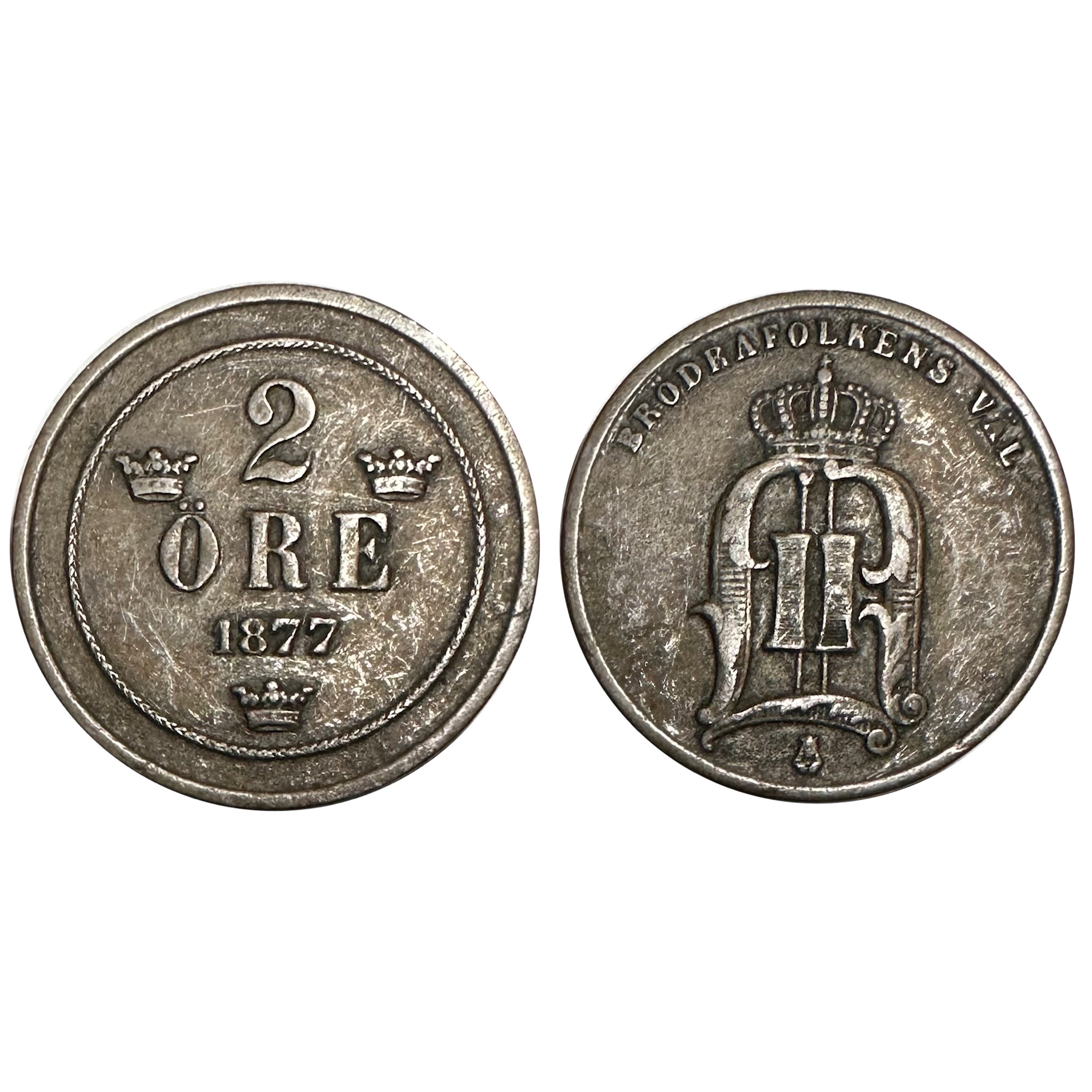 >1924 Sweden 1 Ore Coin - Crowned Double Monogram of King Gustaf V and 1877 2 Ore Coin, "Welfare ...