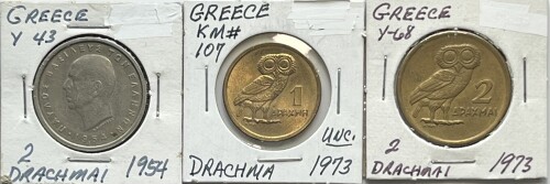 * 1954 & 1973 (2) Greece 2 Drachmai, Drachma & 2 Drachmai - 3 Coins ...
