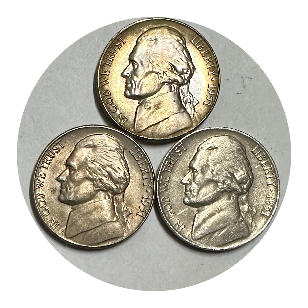 >1951 (P,D&S) U.S. Jefferson Nickels - Original Design Vintage - 3 Nickels | Property Room