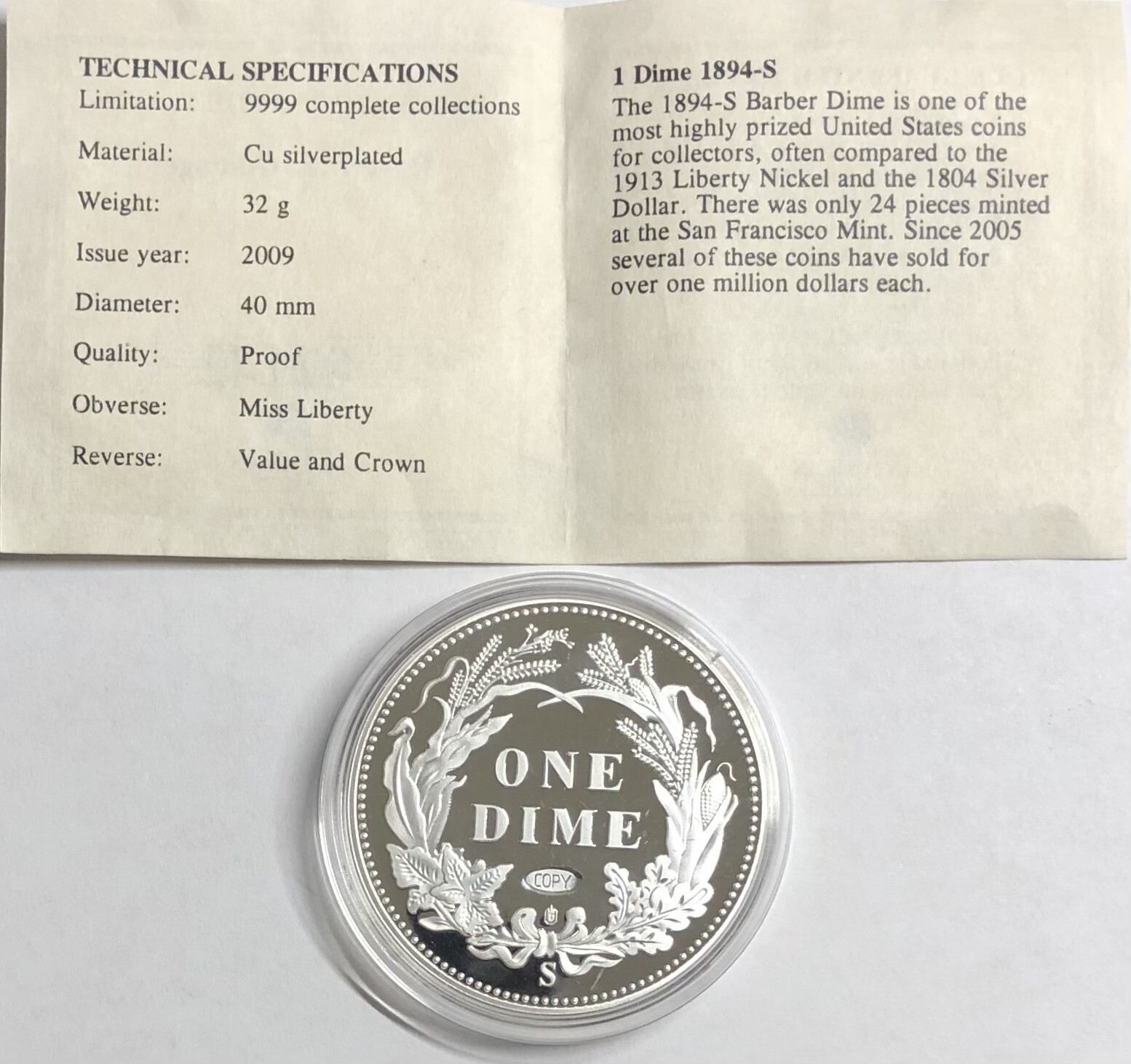 >1894-S U.S. Silver Layered Replica Barber Dime With COA in Holder ...