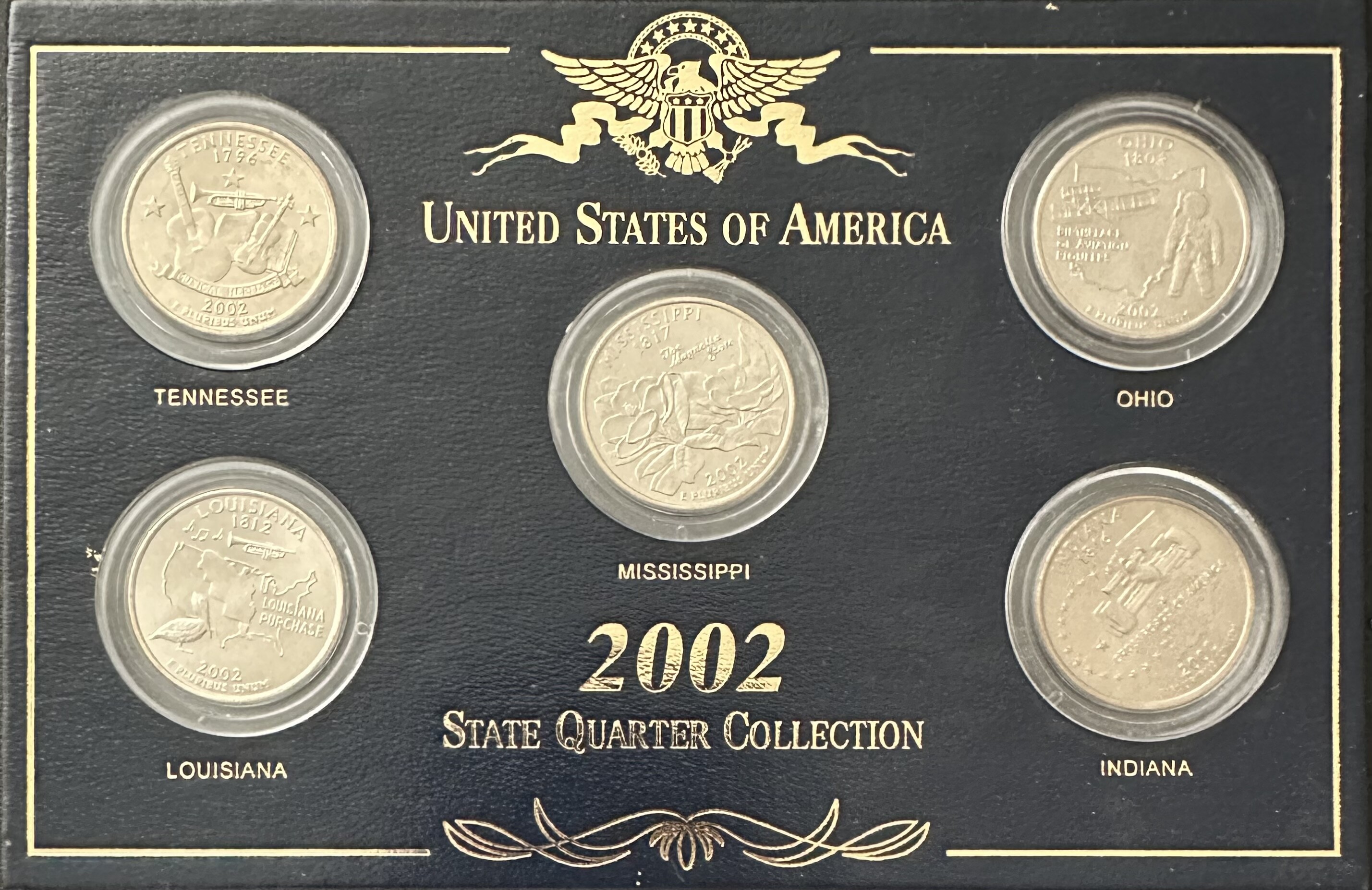 >2002 U.S. State Quarter Collection - TN(P), MS(D), OH (D), LA(P) & IN ...