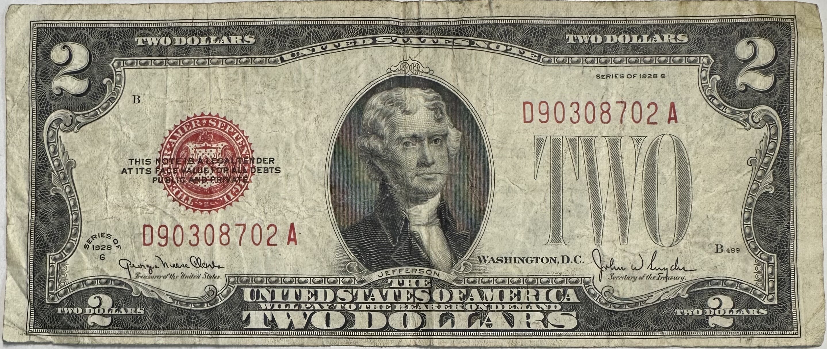 >1928 G Series U.S. Two ($2) Dollars Note - Red Seal | Property Room
