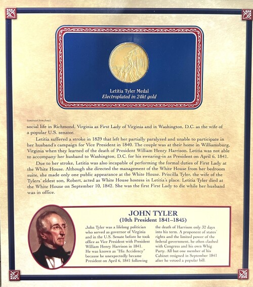 Letitia Tyler Medal - First Lady 1841-1842 - Wife of 10th President ...