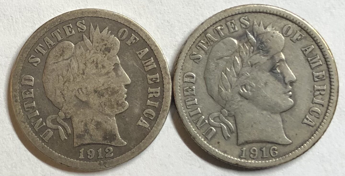 >1912 and 1916-S U.S. Silver Liberty One Dimes - 2 Coins | Property Room