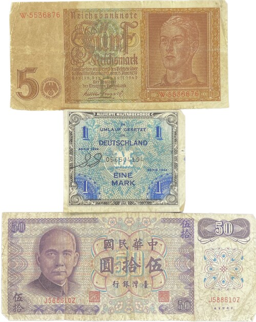. Assorted Foreign Notes - Germany 1942 5 Reichsmark, 1944 Eine Mark ...