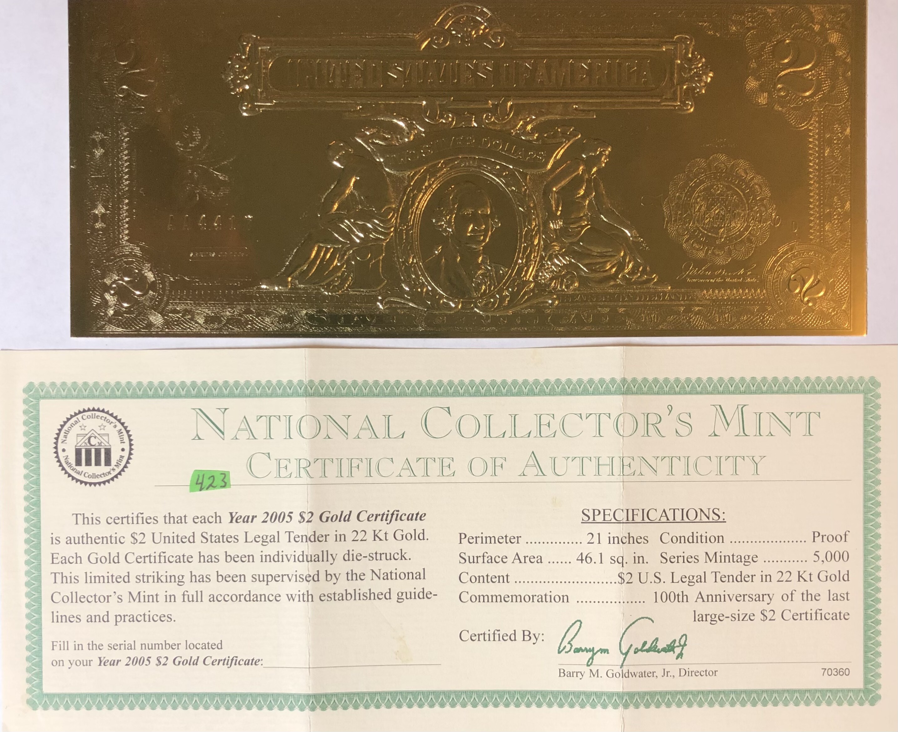 >2005 U.S. 24Kt Gold Layered $2 Silver Certificate Replica, National ...