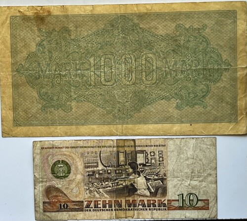 * 1922 German Reichsbanknote - 1,000 Mark and 1971 East Germany 10 Zehn ...