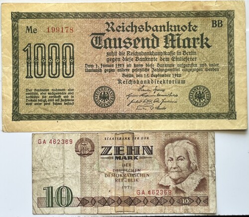 * 1922 German Reichsbanknote - 1,000 Mark and 1971 East Germany 10 Zehn ...