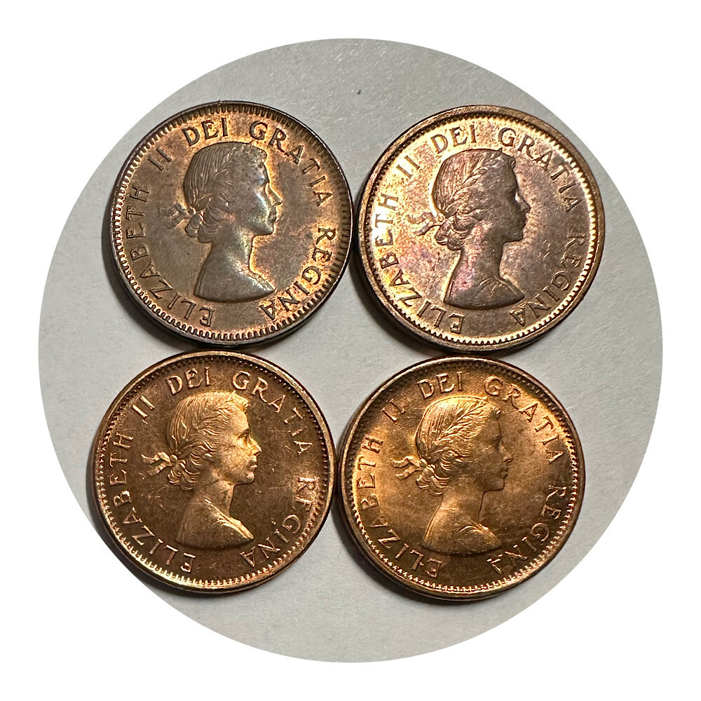 >1954, 1956 & (2) 1958 Brilliant Canada 1 Cent Coins - 4 Coins ...