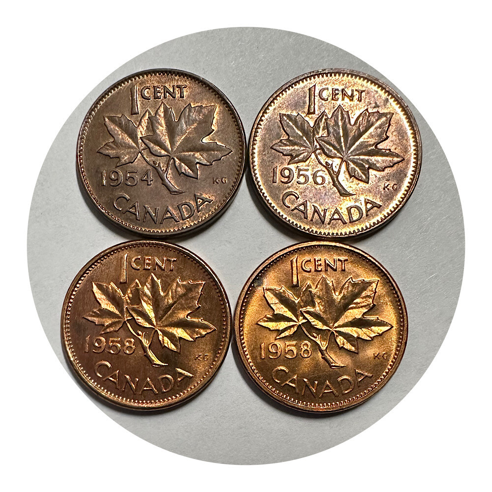 >1954, 1956 & (2) 1958 Brilliant Canada 1 Cent Coins - 4 Coins ...