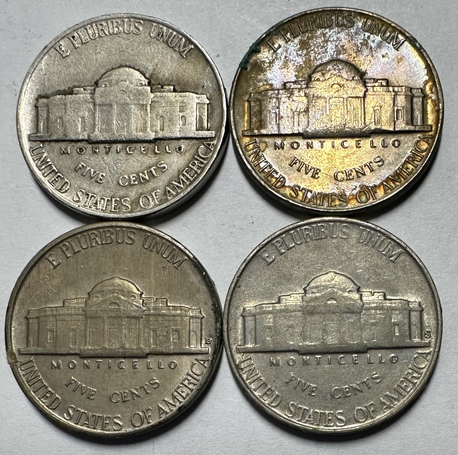 1938-P and 1952 (P,D&S) U.S. Jefferson Nickels - 4 Nickels, One with ...