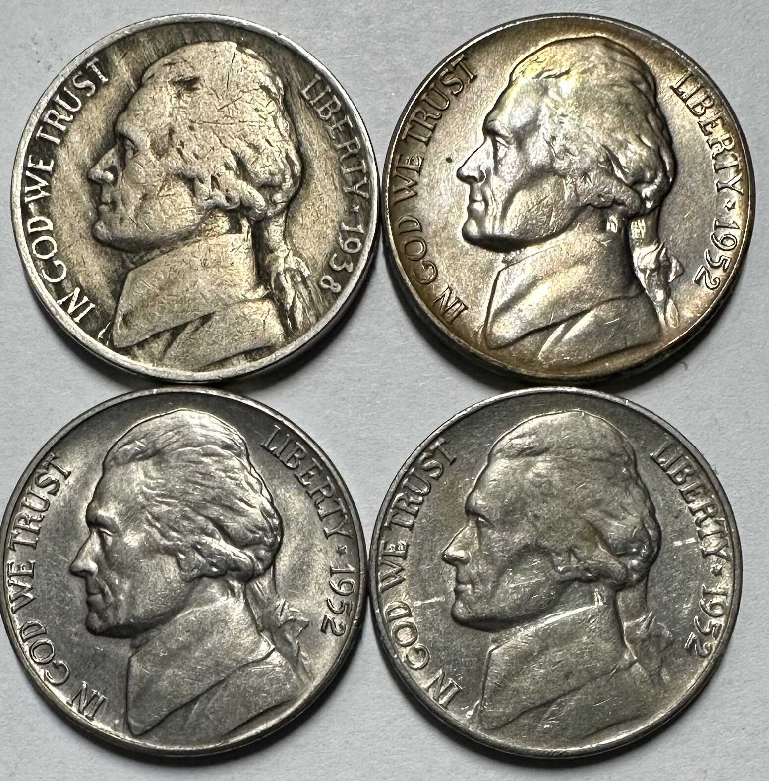 1938-P and 1952 (P,D&S) U.S. Jefferson Nickels - 4 Nickels, One with ...