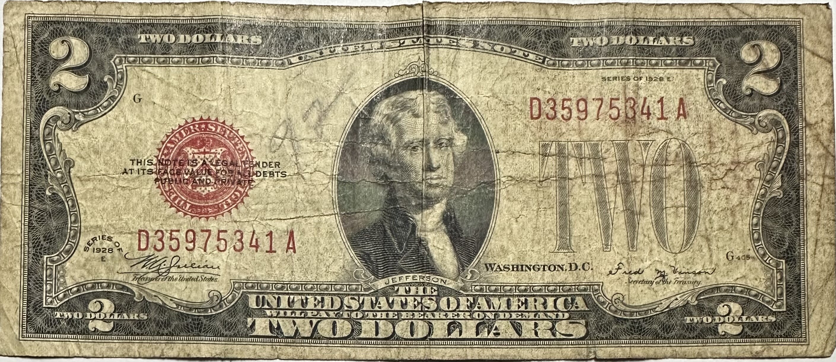 1928 E Series U.S. Two ($2) Dollars Banknote - Red Seal | Property Room