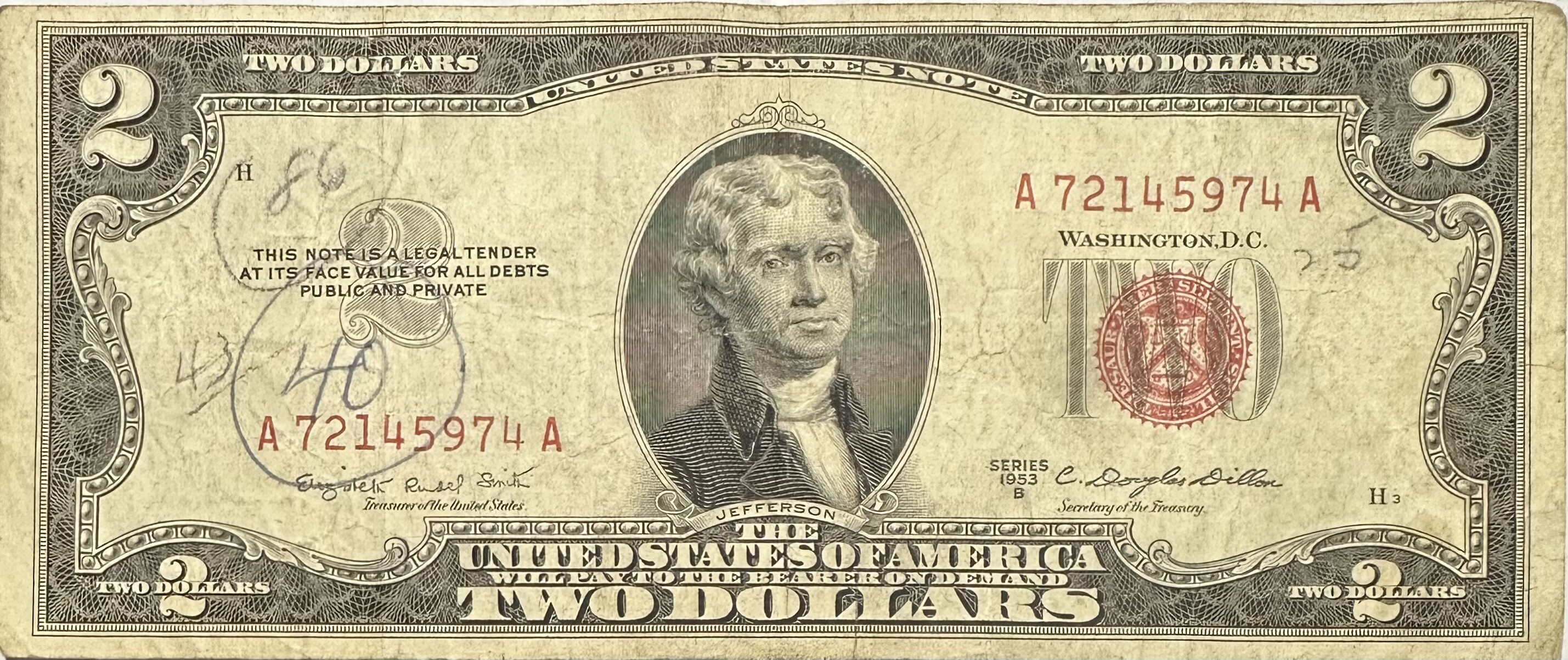 1953 B Series U.S. Two ($2) Dollars Banknote - Red Seal, Serial Number ...