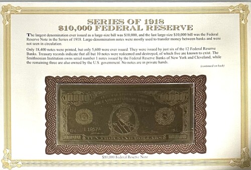 - Series of 1918 $10,000 Federal Reserve Gold Certificate - Gold ...
