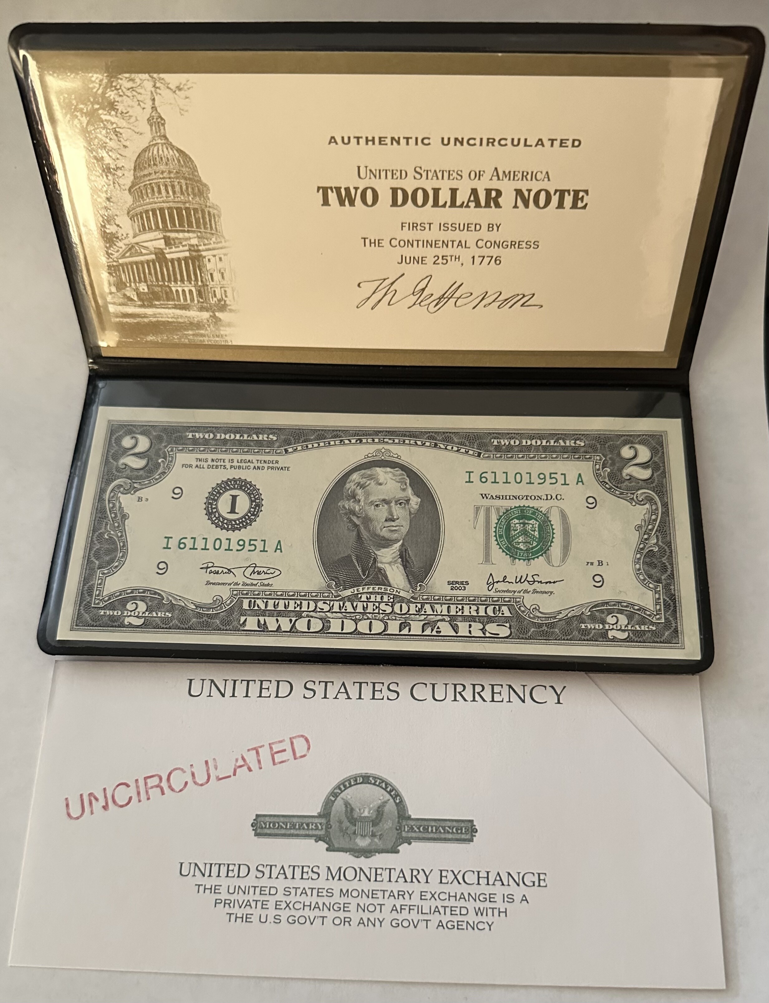 >2003 U.S. Uncirculated Crisp Two Dollar ($2) Federal Reserve Note in ...