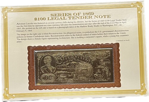 *Series of 1869 $100 Legal Tender Note - Gold Layered Replica - Part of ...
