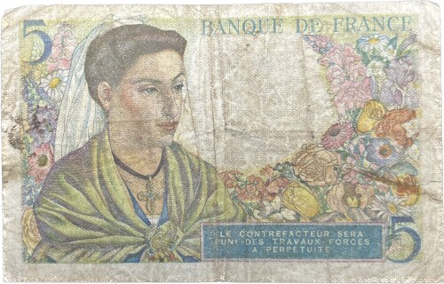 . 1943 France 5 Cinq Francs Note WW2 | Property Room