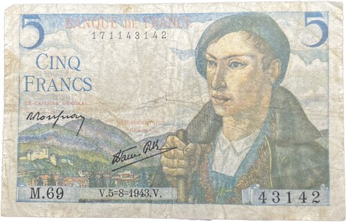 . 1943 France 5 Cinq Francs Note WW2 | Property Room