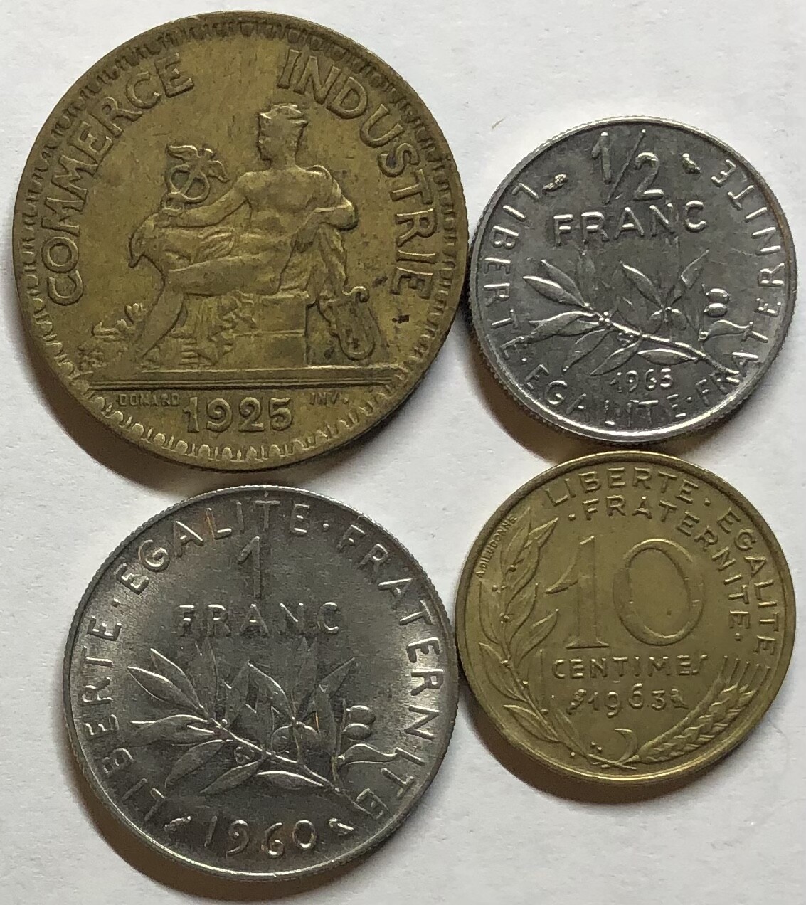 >1925 & 1960's France 1/2, 1 and 2 Francs and 10 Centimes Coins - 4 ...