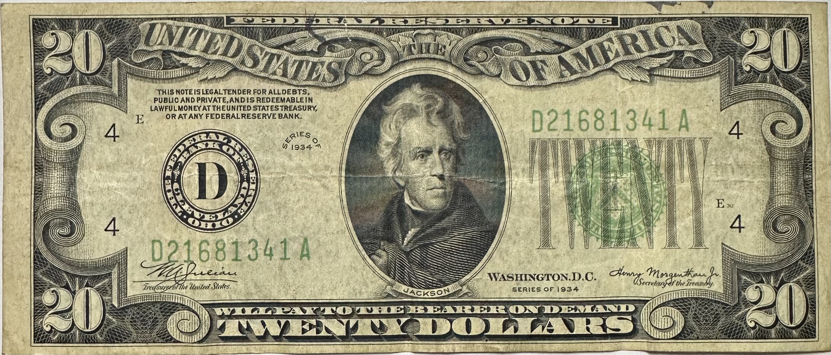 1934 Series U.S. Twenty Dollar ($20) Federal Reserve Note with Light ...