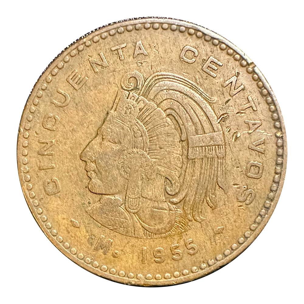 >1955 Mexico Cincuenta 50 Centavos Large Coin - Headdress | Property Room