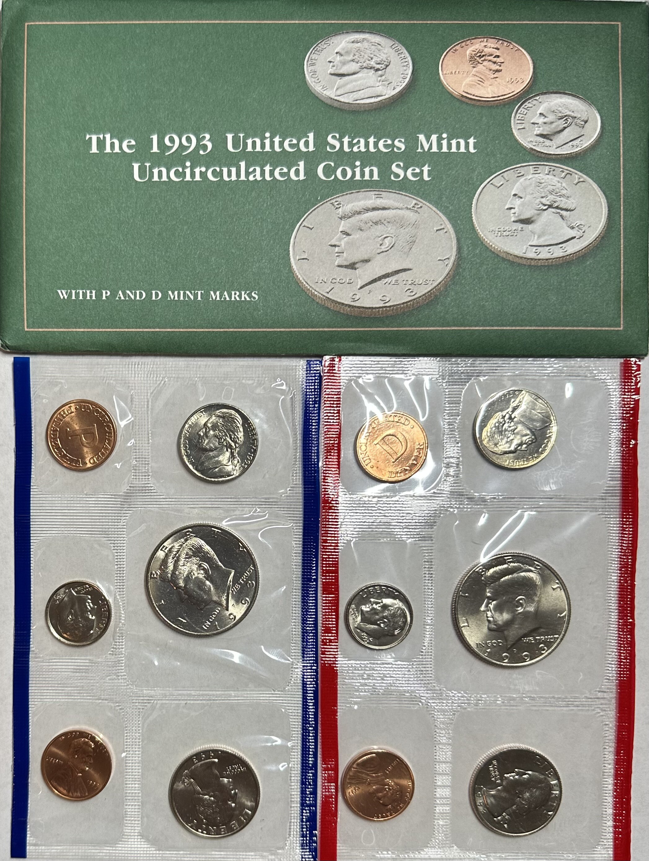 >1993 (P&D) U.S. Mint Uncirculated Coin Set - 10 Coins and 2 Mint ...
