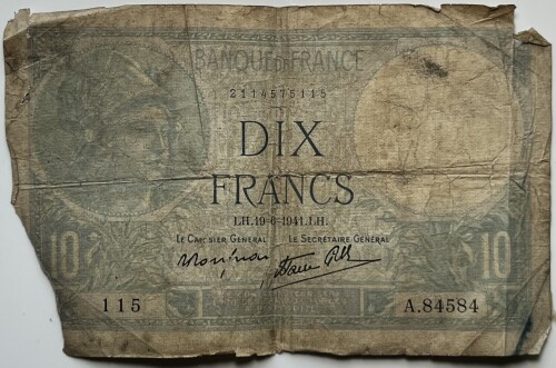 * 1941 France Banque De France Dix (10) Francs Bill | Property Room