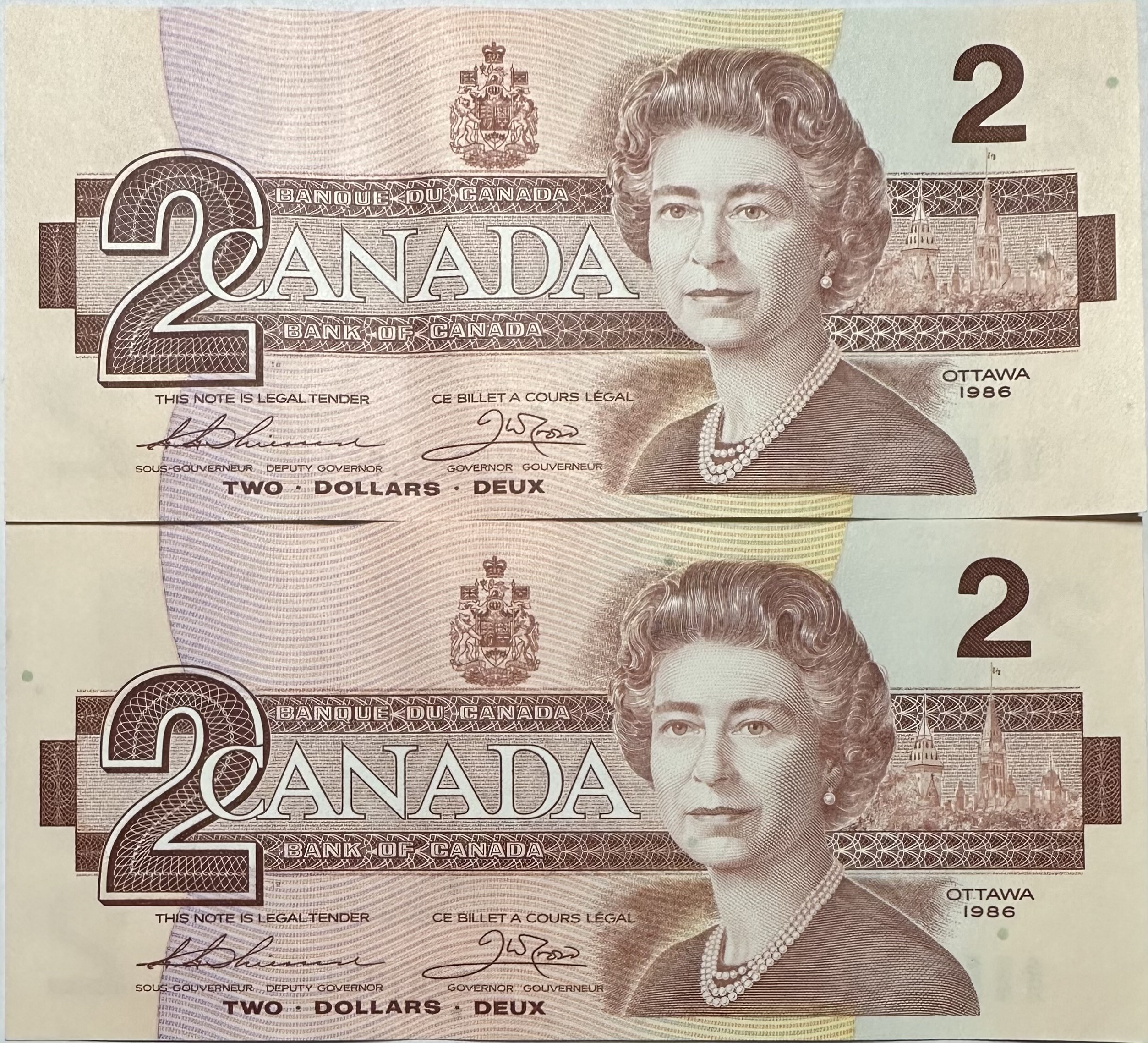 1986 Canada Uncirculated Two ($2) Dollars *Crisp* Banknotes - 2 Notes ...