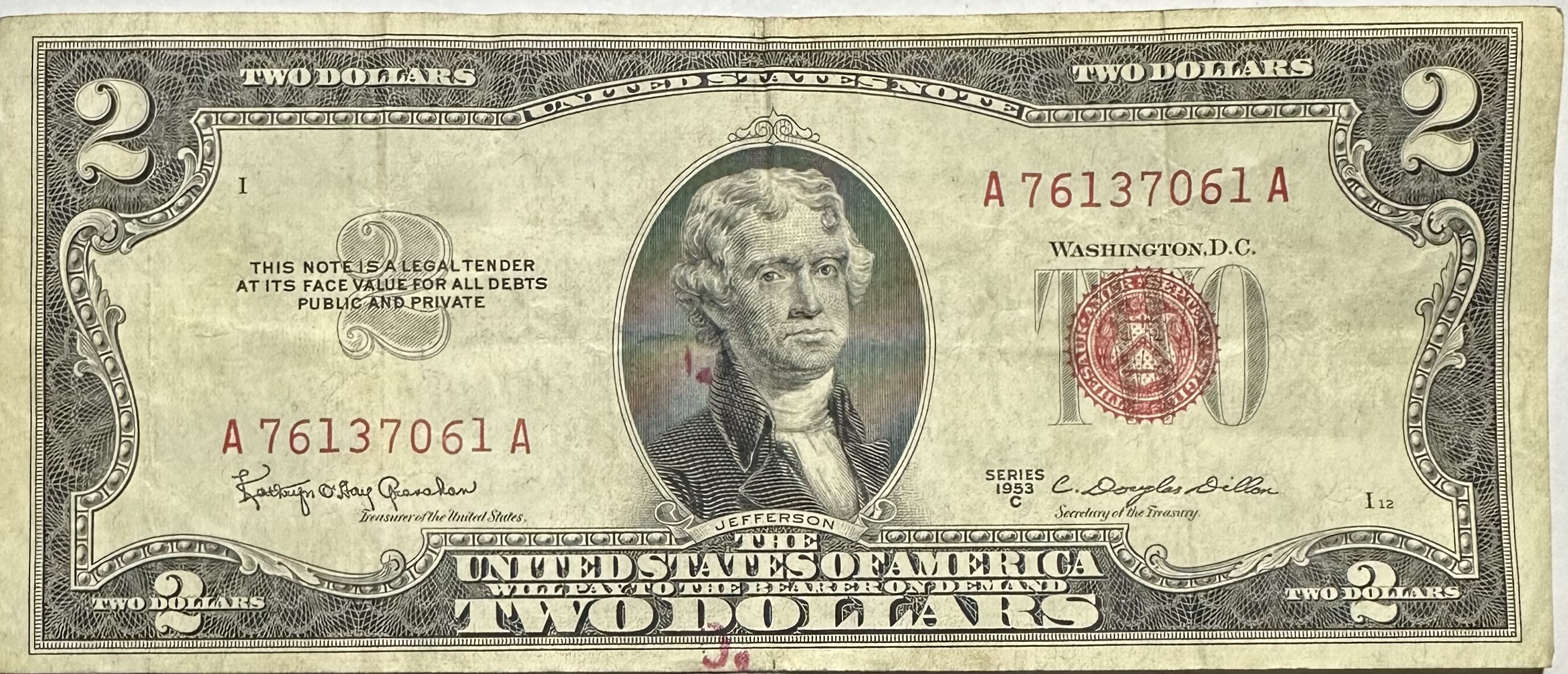 1953 C Series U.S. Two ($2) Dollars Banknote - Red Seal | Property Room