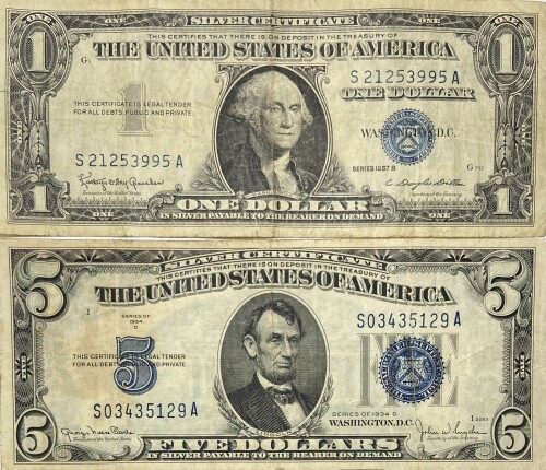 **2 US Currency Notes (1) 1957 B $1 Bill & (1) 1934 D $5 Bill - Both ...