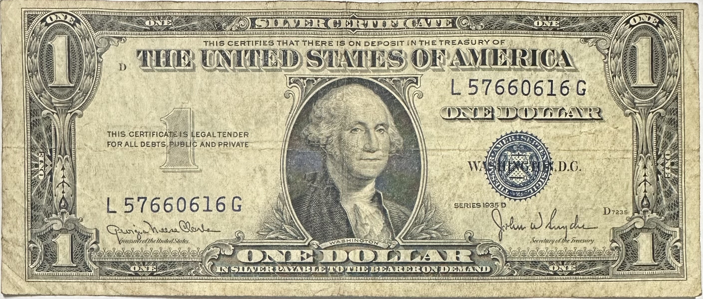1935 D Series U.S. One Dollar ($1) Silver Certificate Blue Seal Note ...
