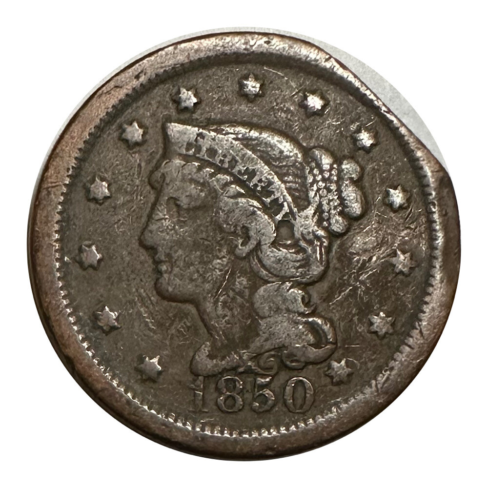 >1850 U.S. Braided Hair One Cent - Clipped Planchet Error! | Property Room