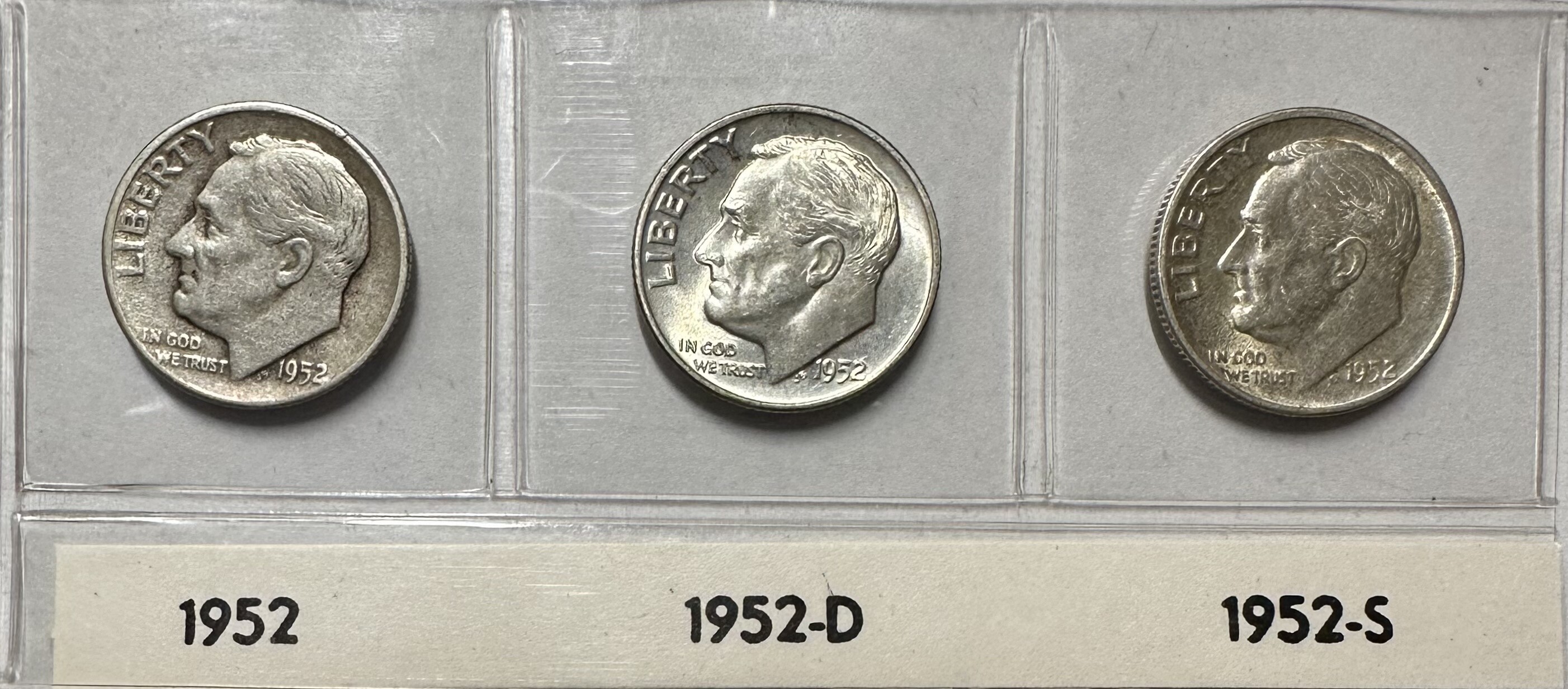 1952 (P,D&S) U.S. Silver Roosevelt Dimes - 3 Coins - 3 Different Mint ...