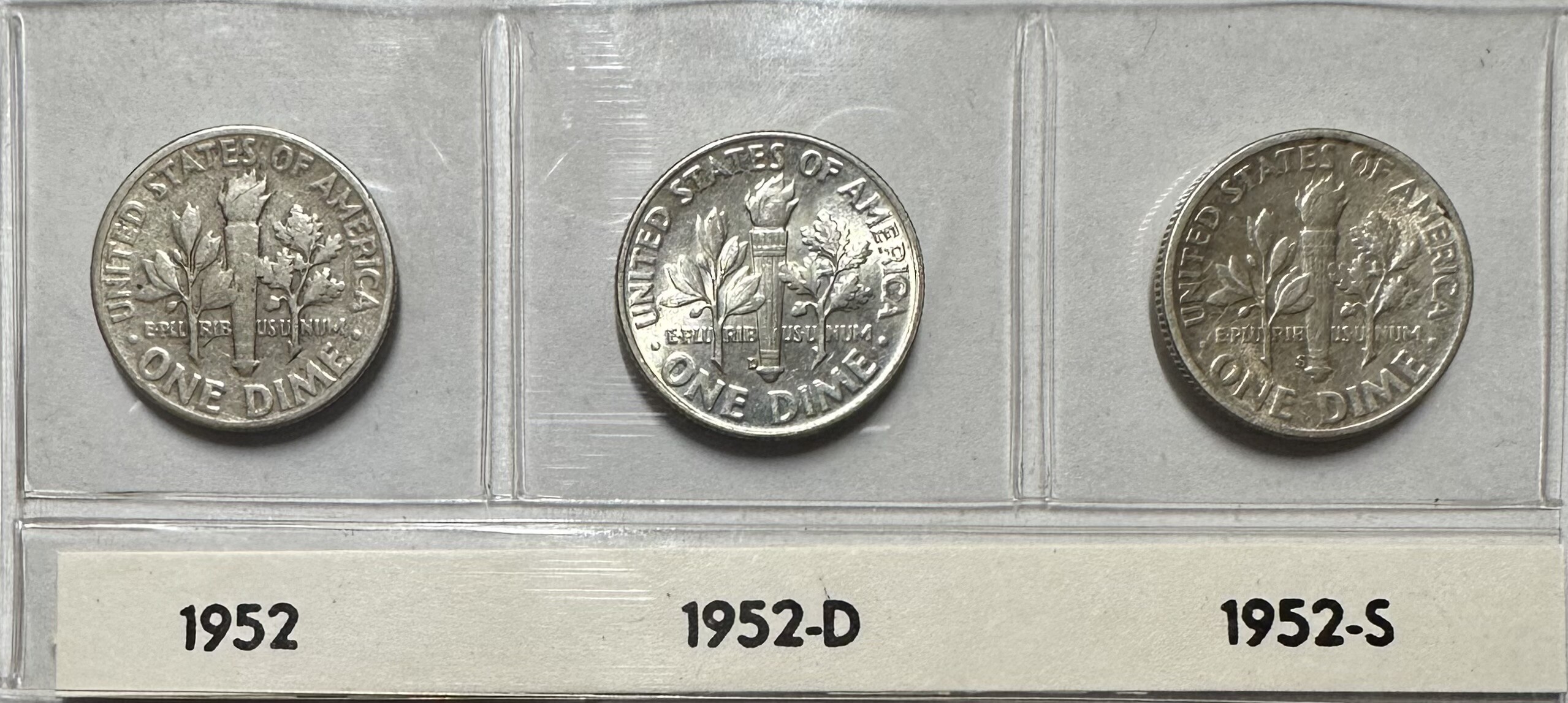 1952 (P,D&S) U.S. Silver Roosevelt Dimes - 3 Coins - 3 Different Mint ...