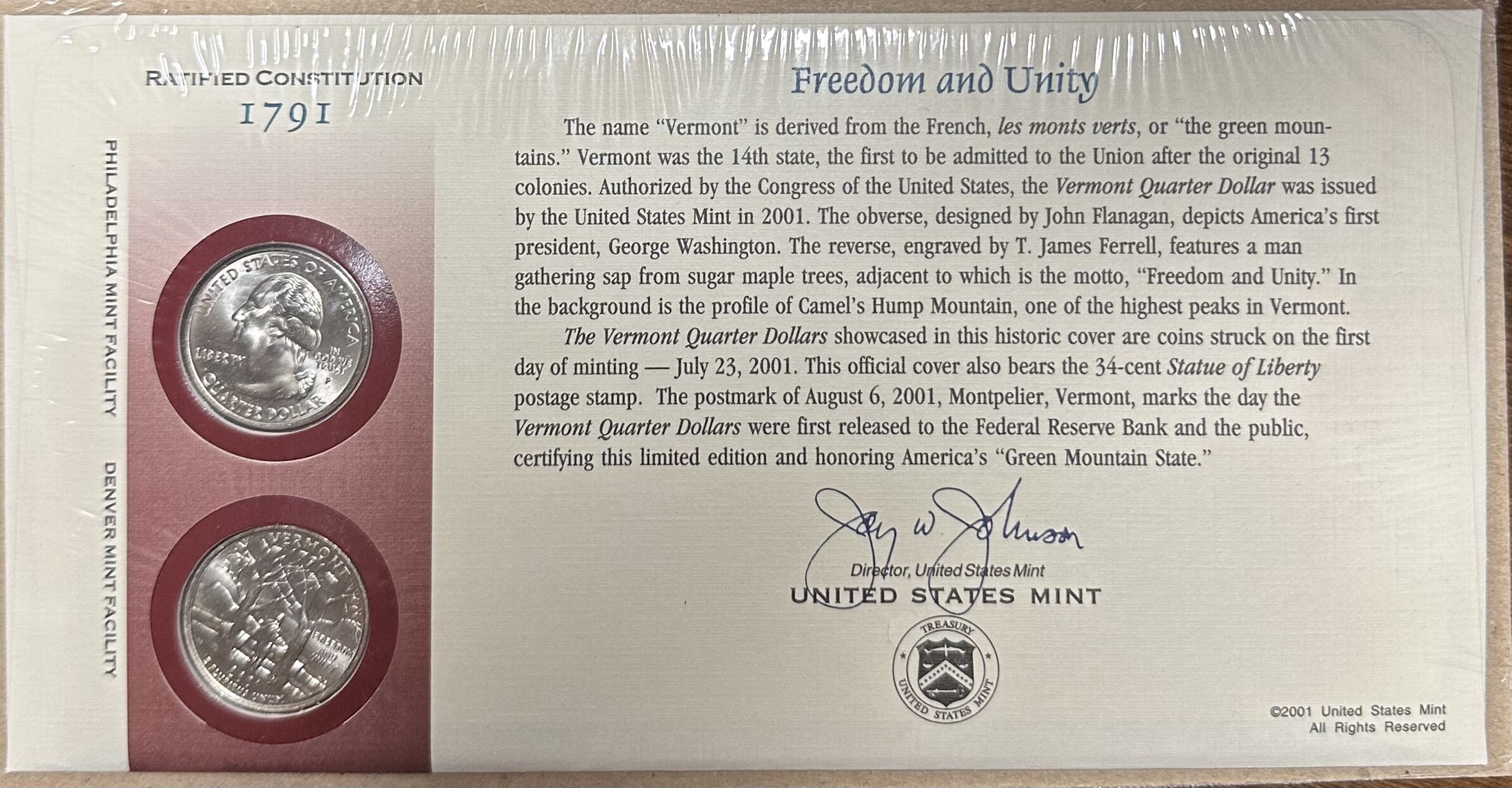 >Unopened First Day Cover - 2001 (P&D) U.S. Mint Statehood Quarters ...