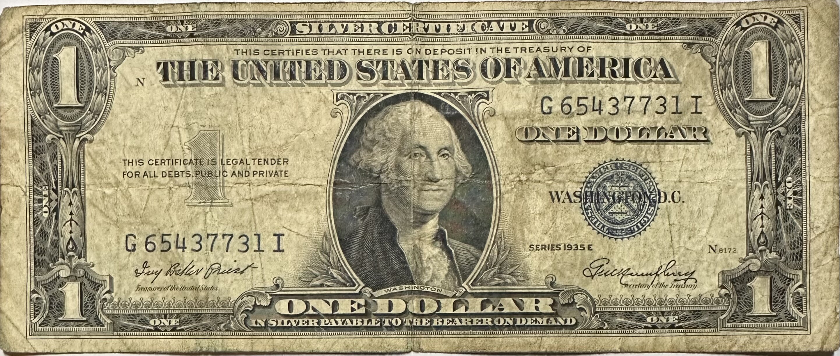 1935 E Series U.S. One Dollar ($1) Silver Certificate Blue Seal Note ...