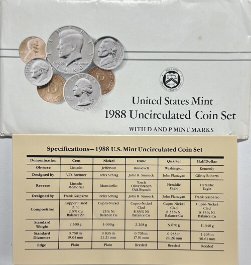 1988 (D&P) U.S. Mint Uncirculated Coin Set - 10 Coins and 2 Mint Tokens ...