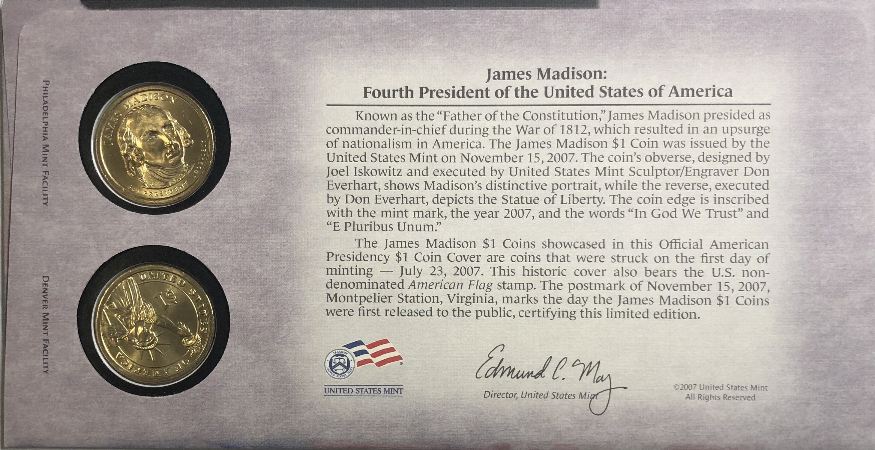 >2007-P&D U.S. Mint Limited Edition Coin Cover - James Madison ...