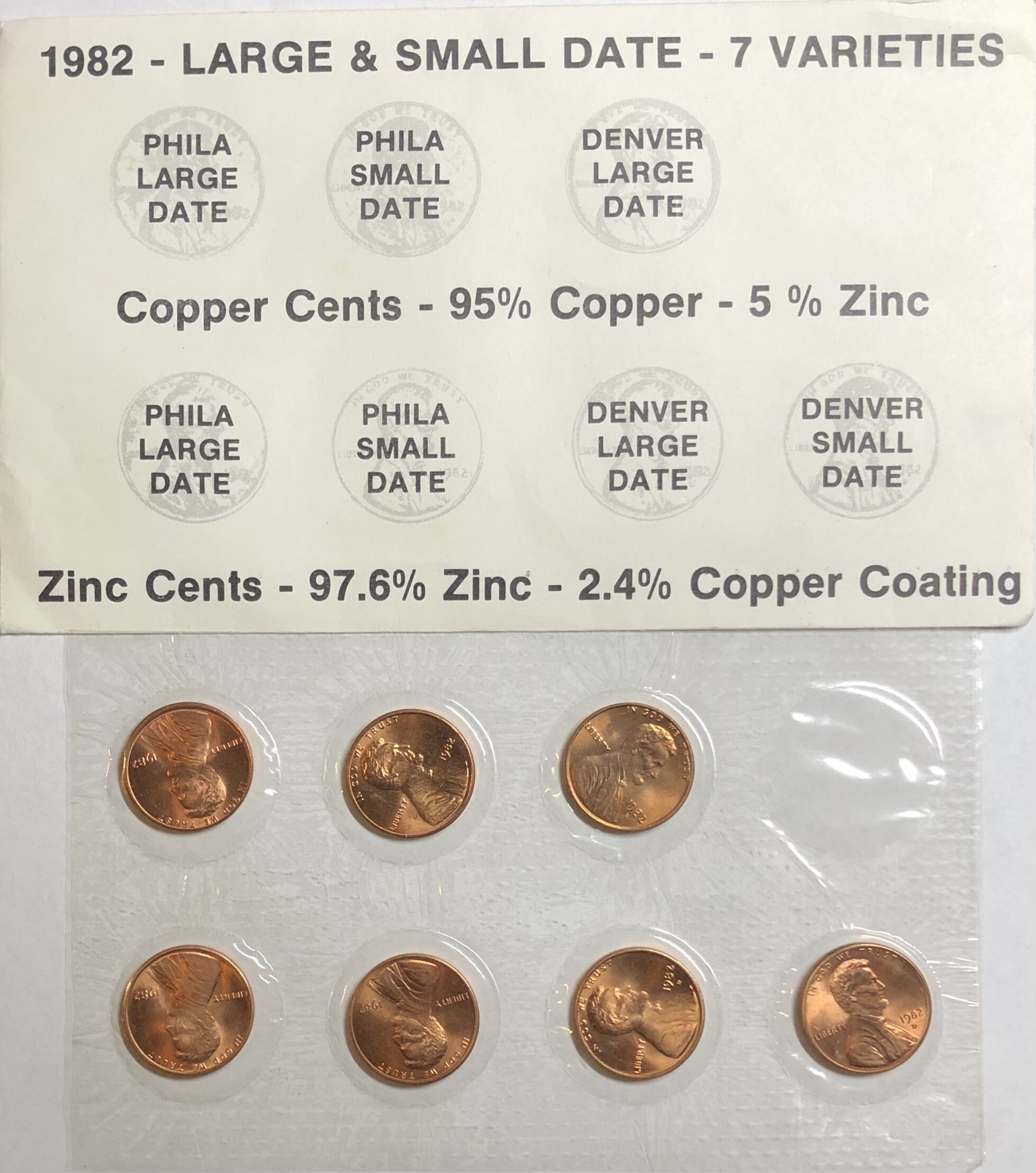 >1982 U.S. Lincoln Memorial Cents - 7 Varieties Large & Small Date ...