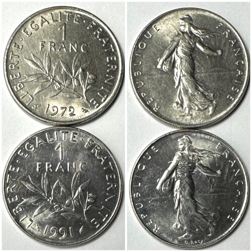 - 1972 & 1991 France 1 Franc Coins - The Sower - Designed by Oscar Roty ...
