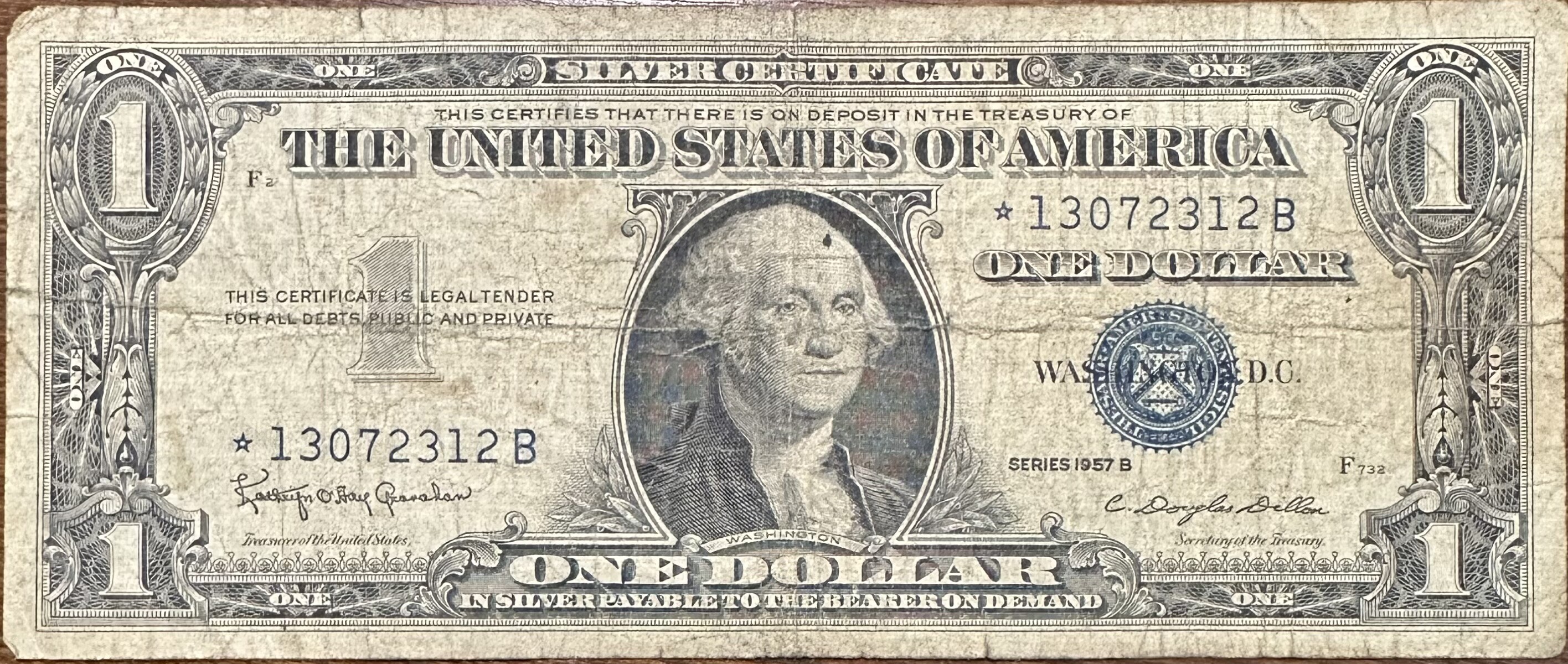 1957 B U.S. One ($1) Dollar Silver Certificate *STAR* Banknote - Blue ...