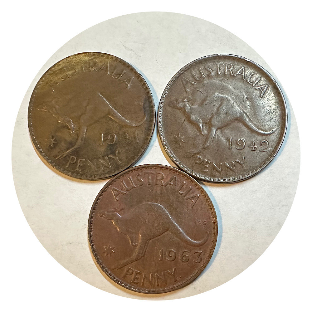 >1941, 1942 and 1963 Australia Pennies - 3 Large Coins - Kangaroos ...