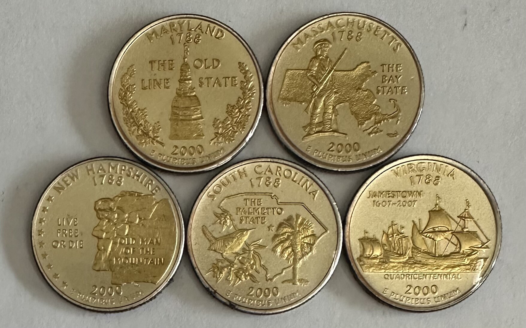 2000 U.S. Gold Layered State Quarters (P) MA - and (D) MD, NH, SC and ...